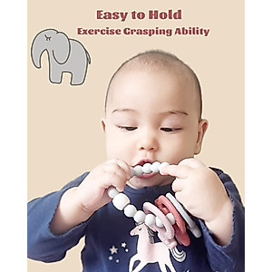 Teething Rings for Babies 0-6 6-12 Months Front and Molar Teething Relief Wearable Teether Bracelet Infant Toddler Chew Toys Ease of Grabbing, Elephant Rainbow Moon Shape, Baby Girl Gifts, BPA Free
