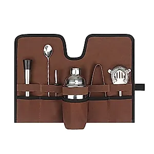 Jaugufiy Canvas Bartender Bag Travel Bartender Kit Bag Bar Kit Bag Professional Bartender Roll Strap Mixology Bartender Kit Cocktail Set Bag Bar Tools Carry Bag (Brown)