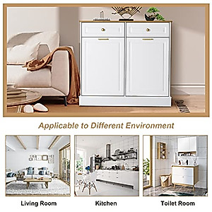 UEV Double Kitchen Trash Cabinets,Two Tilt Out Trash Cabinets with Solid Hideaway Drawers,Free Standing Wooden Kitchen Trash Can Recycling Cabinet Trash Can Holder (White)