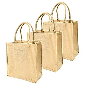Large 16x7x13 Burlap Jute Reusable Canvas Bag with handles Blank Totes for Gifting, Wedding, Grocery Shopping, Beach Trip, Made With Hidden Cell Phone/Wallet Zipper Pocket (Set Of 3)