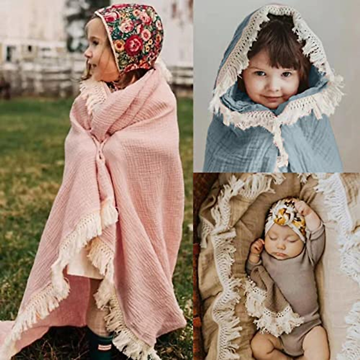 INSULAR Cotton Muslin Baby Blanket with Tassel, Boho Bohemian Muslin Swaddle Blanket Baby Receiving Blanket with Fringe, Nursery Decor Throw or Nursing Blankets, 47" x40”, Flower