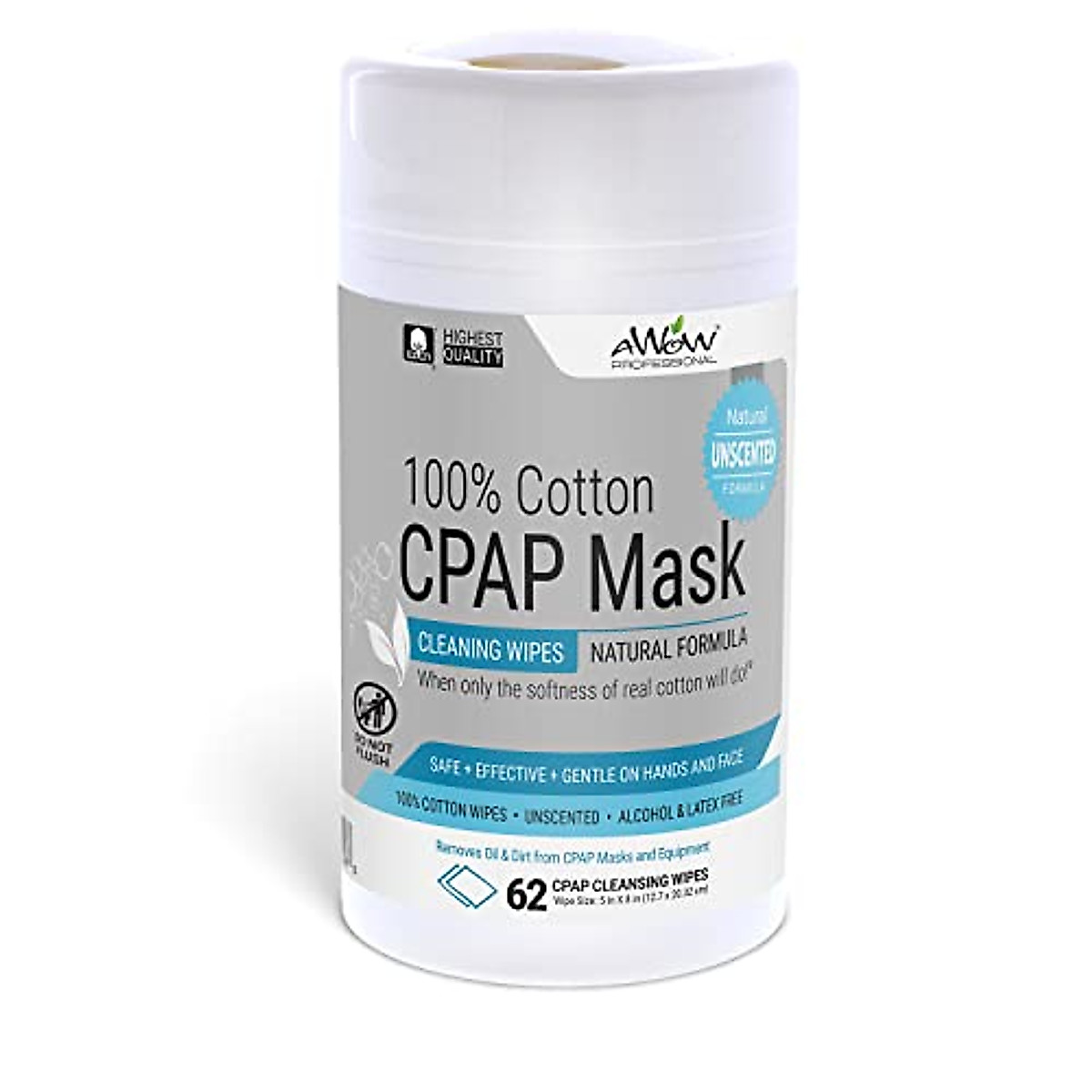 AWOW Professional CPAP Cleaning Wipes - Unscented 100% Cotton, Make CPAP-Mask-Cleaning easy for Daily CPAP/BiPAP Mask Maintenance, 62 CPAP Wipes per Canister. (3pk, 186 Wipes)