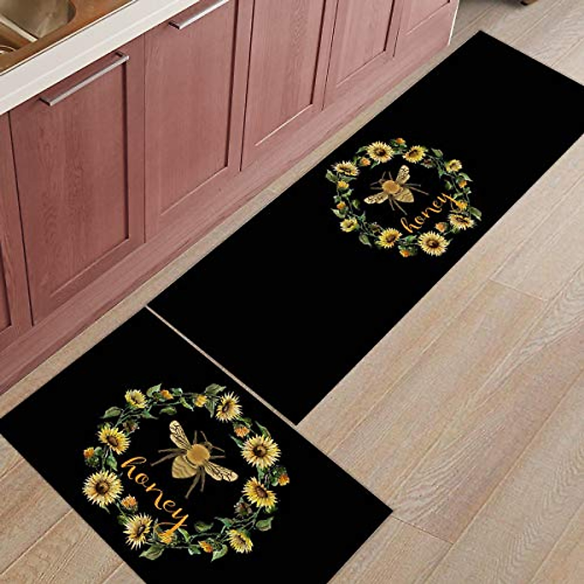 Queen Area 2 Pieces Kitchen Rugs and Mats Set Sunflower Garland Honey Bee Design on Black Background Non-Slip Kitchen Mats and Rugs for Kitchen, Floor Home, Office, Sink, Laundry