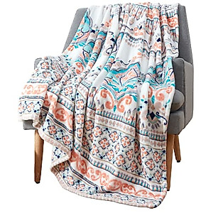 Abstract Boho Throw Blankets: Soft Colorful Floral Damask Eclectic Stripe Accent for Sofa Couch Chair Bed or Dorm, Aqua Blue Coral Gray Indigo White (Malik)