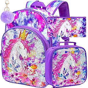 CCJPX 3PCS Girls Backpack, 16” Kids Unicorn Sequin Bookbag and Lunch Box for Kindergarten Elementary
