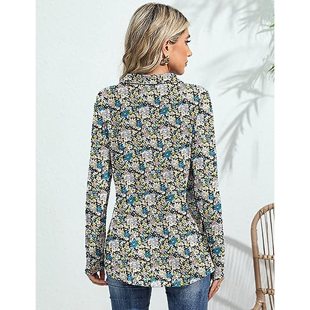 LUYAA Womens Long Sleeve Fall Tops Collared Work Shirts Uniform Polo Shirts for Women Blue Floral M