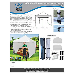 King Canopy Ares 10-Feet by 10-Feet Commercial Instant Pop up w/ 3 Solid Sides,1 Zippered Door,Weight Bags,Guy Rope, Stakes,1 1/2 Inch Hexagon Leg w/Hammertone Finish,White Cover