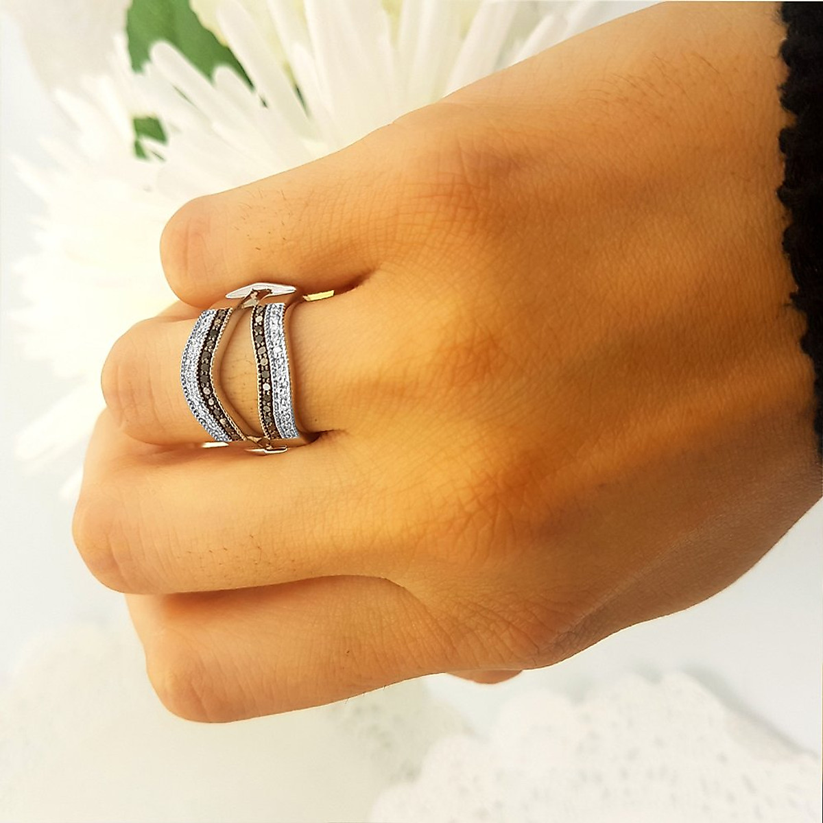 Dazzlingrock Collection 0.55 Carat (Cttw) 10K Round Black & White Diamond Women Double Row Anniversary Millgrain Guard Double Ring 1/2 CT, White Gold, Size 5