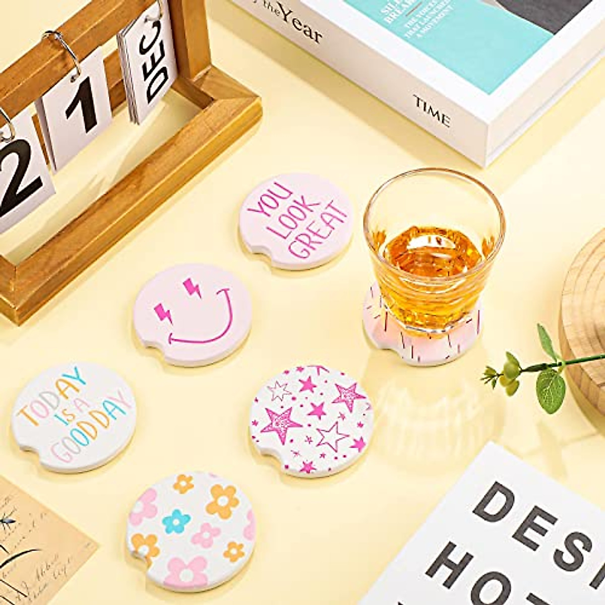 Dingion 6 Pcs Preppy Car Coasters with Finger Notch Aesthetic Cork Base Absorbent Ceramic Coasters Cute Car Drinks Coasters with Anti Slip Cork Base for Auto Accessories