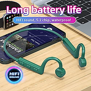 Wireless Bluetooth Bone-Conduction Earphone, Outdoor HiFi Stereo Microphone Headphones, Long Endurance,for Running, Horse Riding, Sports Waterproof Headset, Compatible for iOS Android (Green)