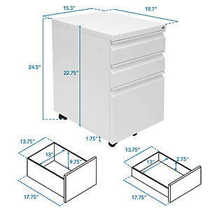 Mount-It! 3 Drawer File Cabinet with Lock and Wheels, Under Desk Storage Filing Cabinet for Home Office, Small Rolling File Cabinet for Legal, Letter, and A4 Files in White