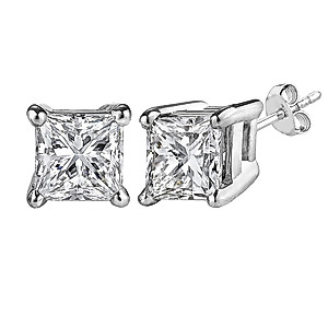 14k White Gold Princess Cut White Cubic Zirconia Stud Earrings, 5mm