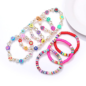 XOCARTIGE Beaded Stretch Bracelets for Women Colorful Clay Fruit Happy Face Bead Bracelet Rainbow Heishi Bracelet Set Stackable Pearl Y2K Bracelets Summer Beach Accessory (7PCS Happy Face Bracelet)