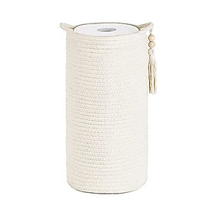 Mkono Woven Toilet Paper Holder Boho Basket for Toilet Paper Storage, Bathroom Decor Toilet Roll Holder Stand with Wooden Beads for 3 Spare Rolls, Cotton Rope Toilet Paper Organizer Basket with Handle
