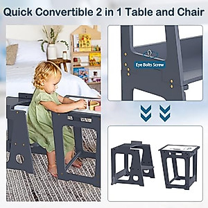 Kitchen Toddler Tower, Toddler Step Stool Learning Standing Tower with Whiteboard 2 in 1 Convertible Table and Chair, Removable Safety Rail, Widened Platforms for Kitchen Counter Bathroom Sink