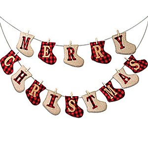 HALLO Merry Christmas Burlap Banner-Sock Shaped Christmas Decoration,Outdoor Indoor Hanging Decor,Rustic Christmas Decorations for Mantle Fireplace,Xmas Party Supplies Decoration