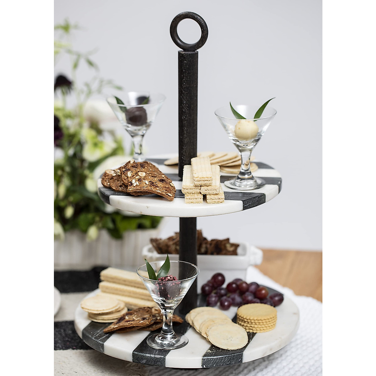 Mud Pie, White/Black, Marble Tiered Server, 16 1/4" x 12" dia