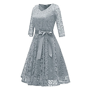 F_Gotal Womens Vintage Dresses Casual Floral Lace Mini Tank Dress Fashion Aline Swing Dress Party Cocktail Prom Gray