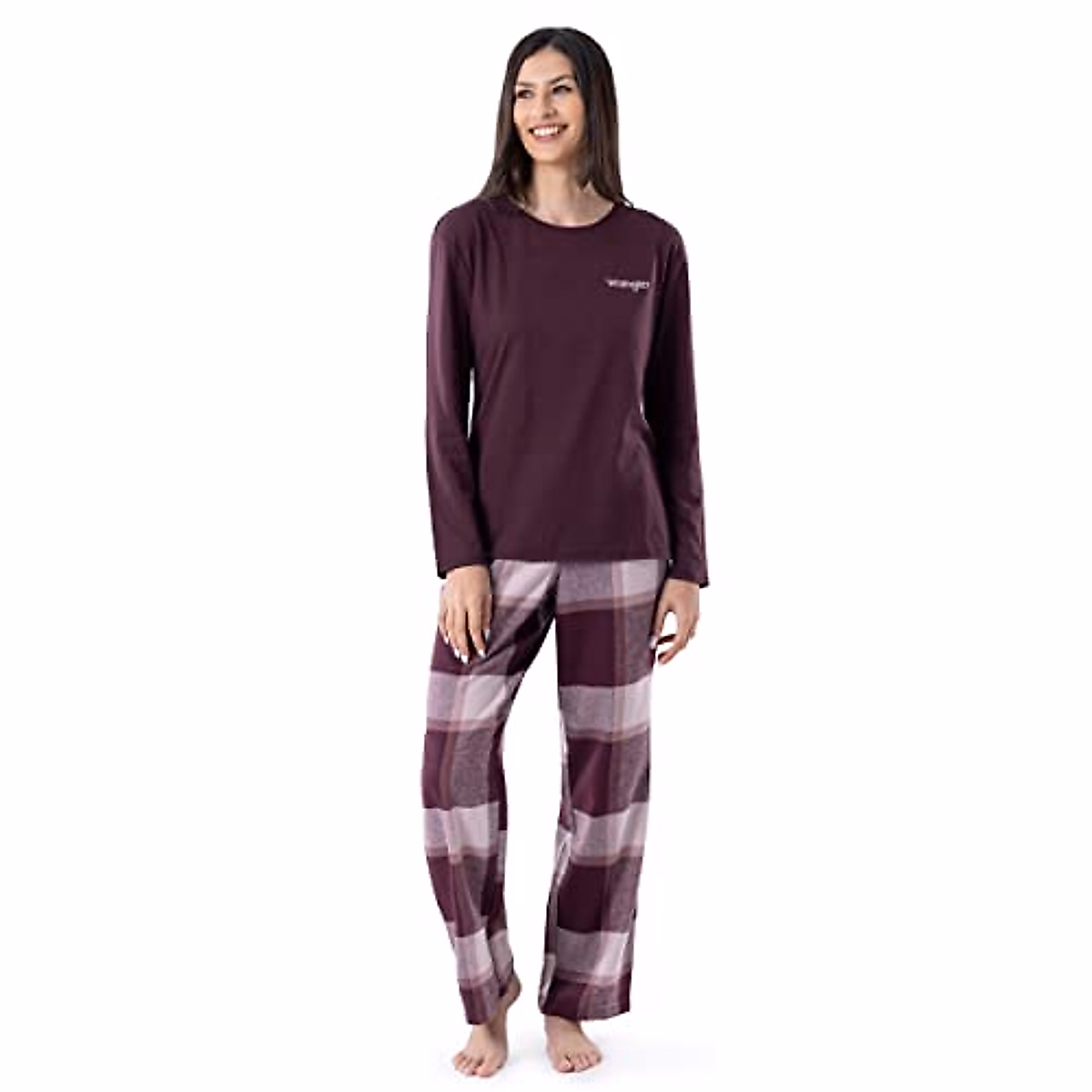 Wrangler Women's Jersey Top and Flannel Pant Sleep Pajama Set, Wine/Plaid, X-Large