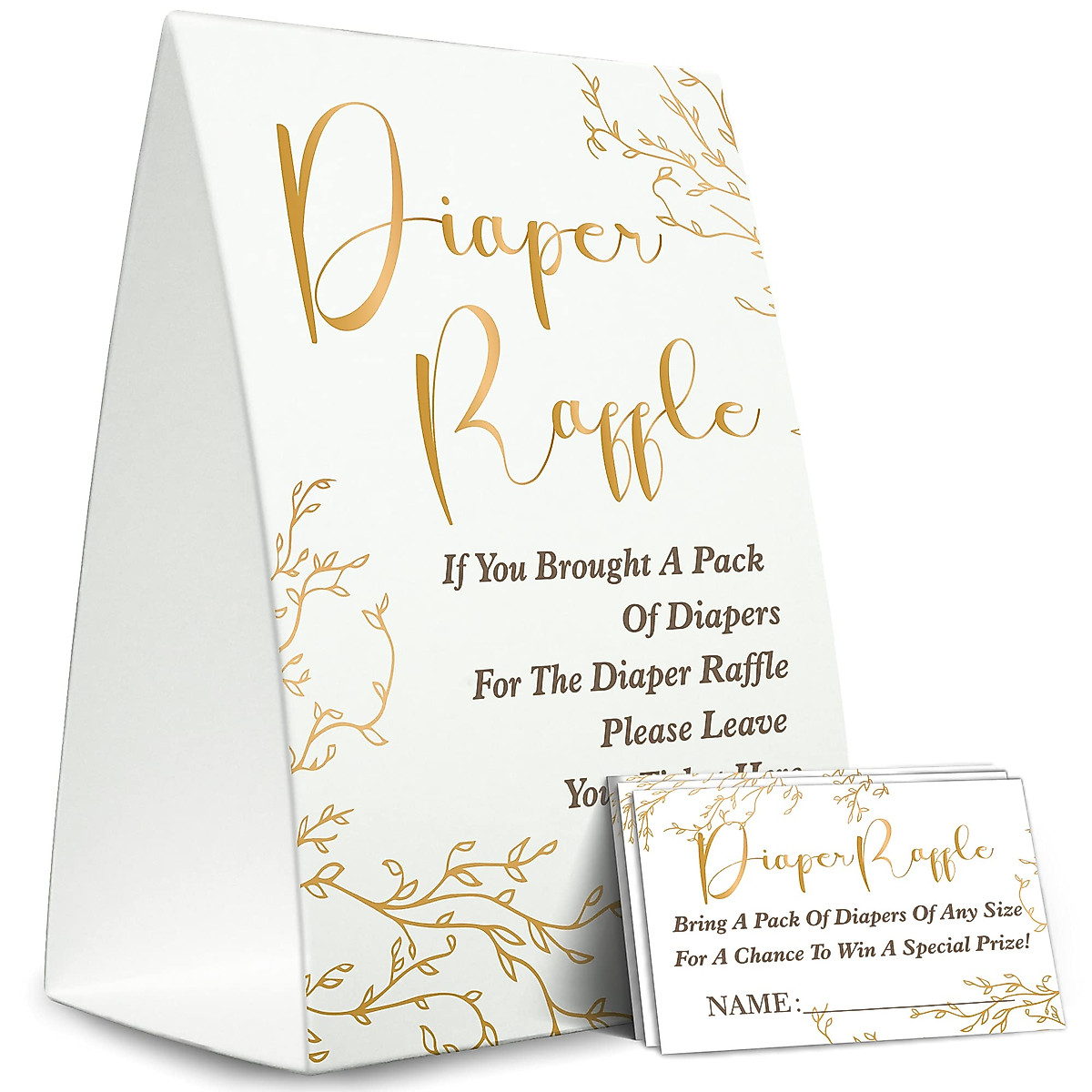 Diaper Raffle Sign,Diaper Raffle Baby Shower Game Kit (1 Standing Sign + 50 Guessing Cards),Golden Insert Ticket,Baby Showers Decorations,Card for Baby Shower Game to Bring a Pack of Diapers-XN29