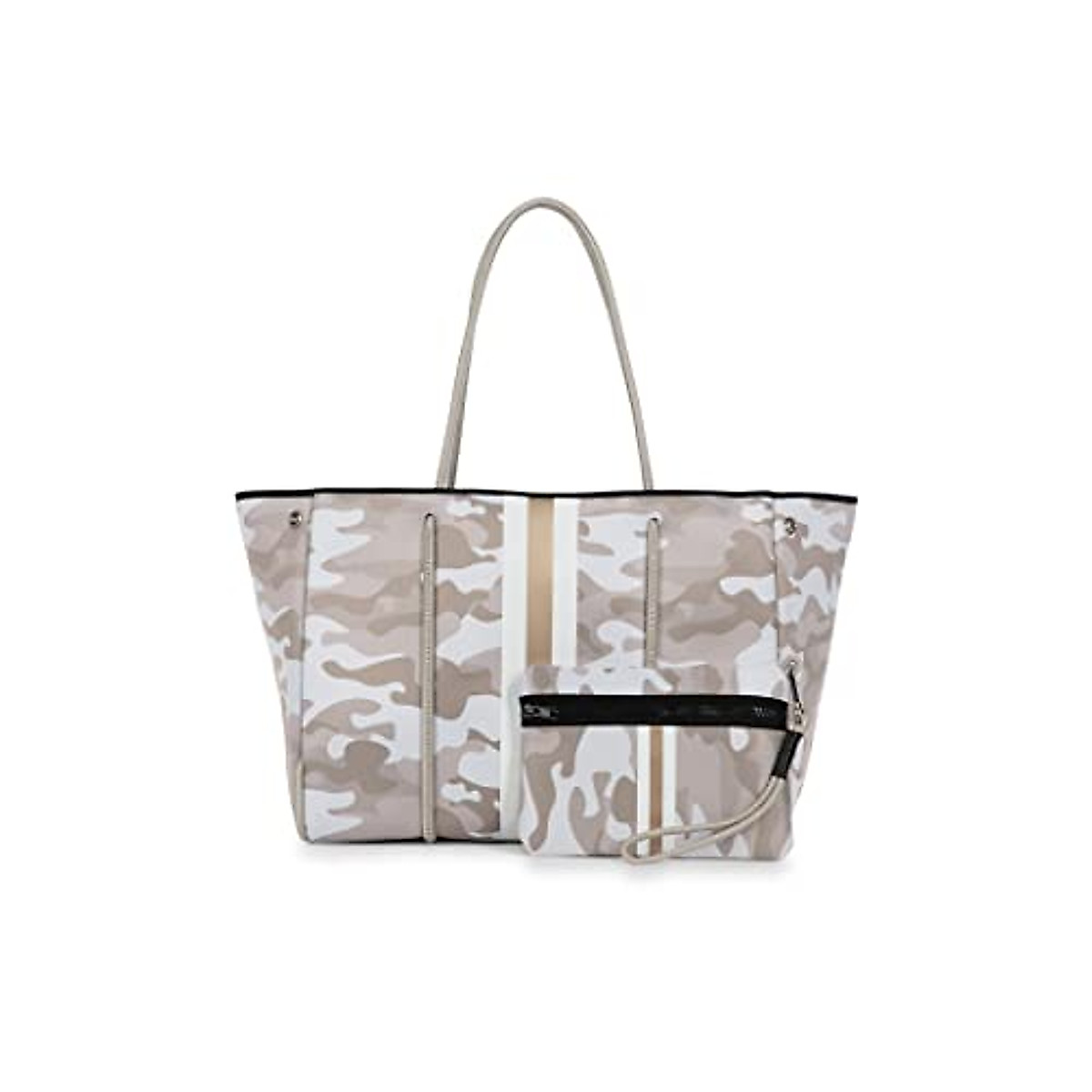 Haute Shore - Greyson Sahara Neoprene Tote Bag wZipper Wristlet Inside, Beige Camo WWhite & Rosegold Stripe