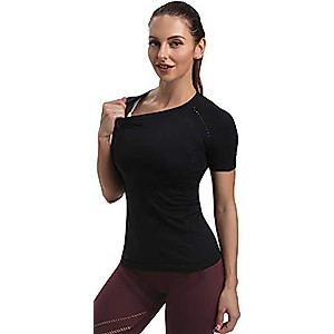 RUNNING GIRL Seamless Workout Shirts for Women Dry-Fit Short Sleeve T-Shirts Crew Neck Stretch Yoga Tops Athletic Shirts (TX2443Black, M)
