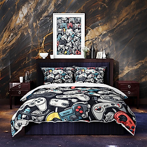 Placitiume Boys' Gaming Bedding Set Gaming Bedding Set Gamer Duvet Cover Set Handheld Game Comforter Cover Set with Modern Gamepad Design with 2 Pillowcases, No Comforter