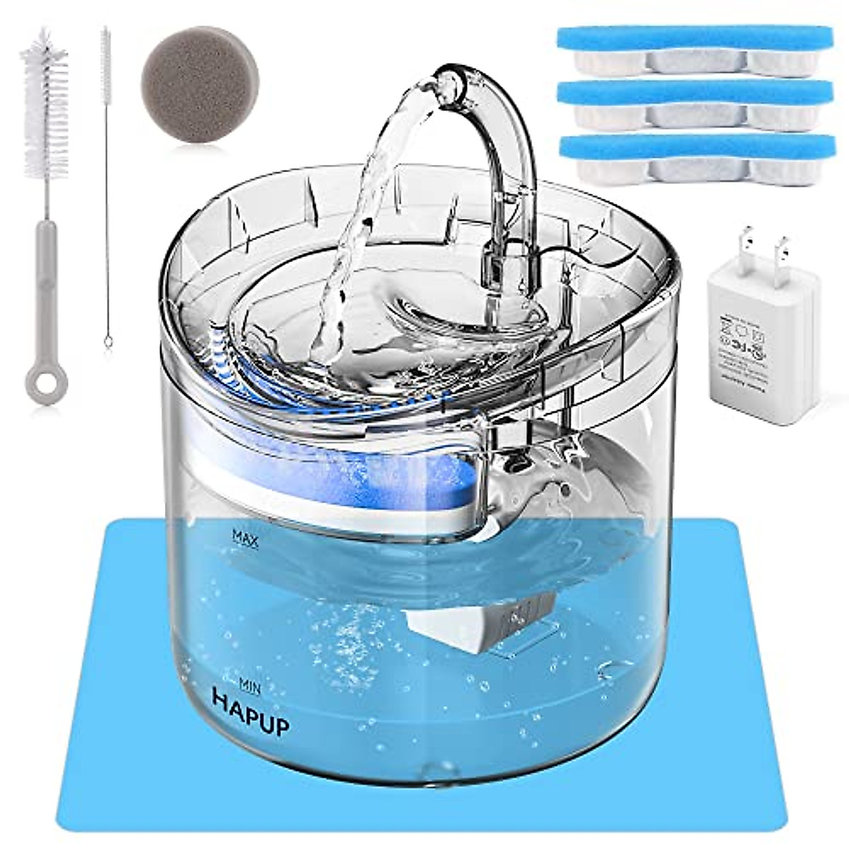 Cat Water Fountain Animal Water Dispenser 61OZ/1.8L Automatic Pet Drinking Fountain with 3 Filter Replacement 1 Pump 1 Cleaning Brush kit 1 Silicone Food Mat 1 Adapter for Cats Kitty Indoor