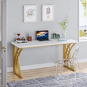 Tribesigns 55’’ Large Modern Computer Desk, White & Gold Luxury Laptop PC Student Table, Makeup Vanity Table with Thick Frame & Strong Legs, Sturdy Writing Workstation for Home & Office