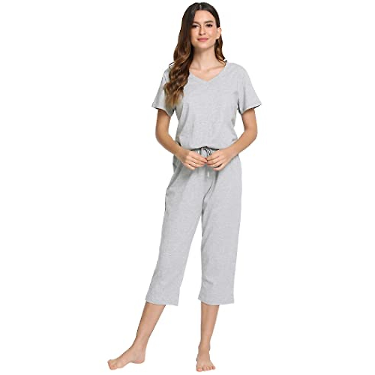 Latuza Women's Cotton Pajamas Set Tops and Capri Pants Sleepwear XL Light Gray