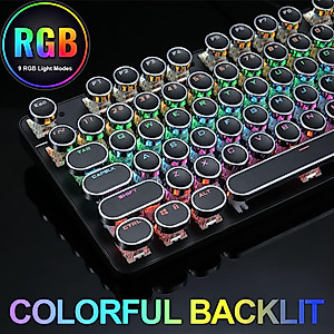 CPAROPAO Typewriter Mechanical Keyboard Blue Switch RGB Backlit Punk Round Keycap 104 Keys Retro Gaming Keyboard Wired (104keys Black(Round keycaps))