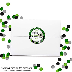 Kick Out of You Soccer-Themed Valentine Party Favor Sticker Labels, 40 2" Party Circle Stickers by AmandaCreation, Great for Classroom Valentines, Envelope Seals, Gifts & Treats
