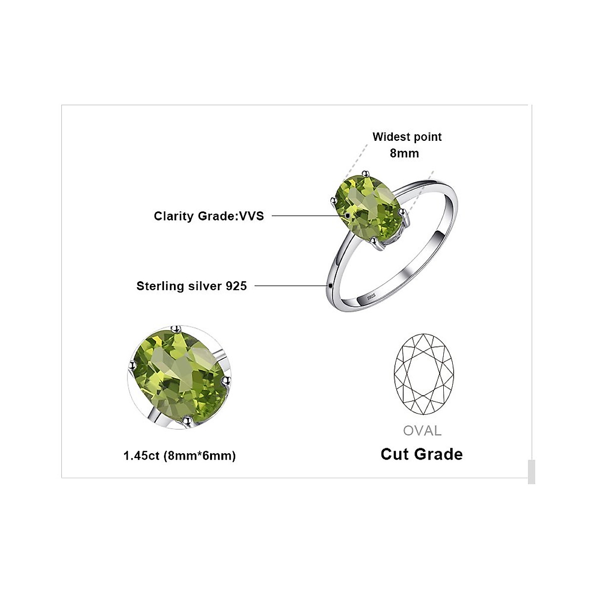 JewelryPalace Class Natural Gemstone Green Peridot Birthstone Solitaire Engagement Rings for Women, Anniversary 14K Gold Plated 925 Sterling Silver Promise Rings for Her Size 8