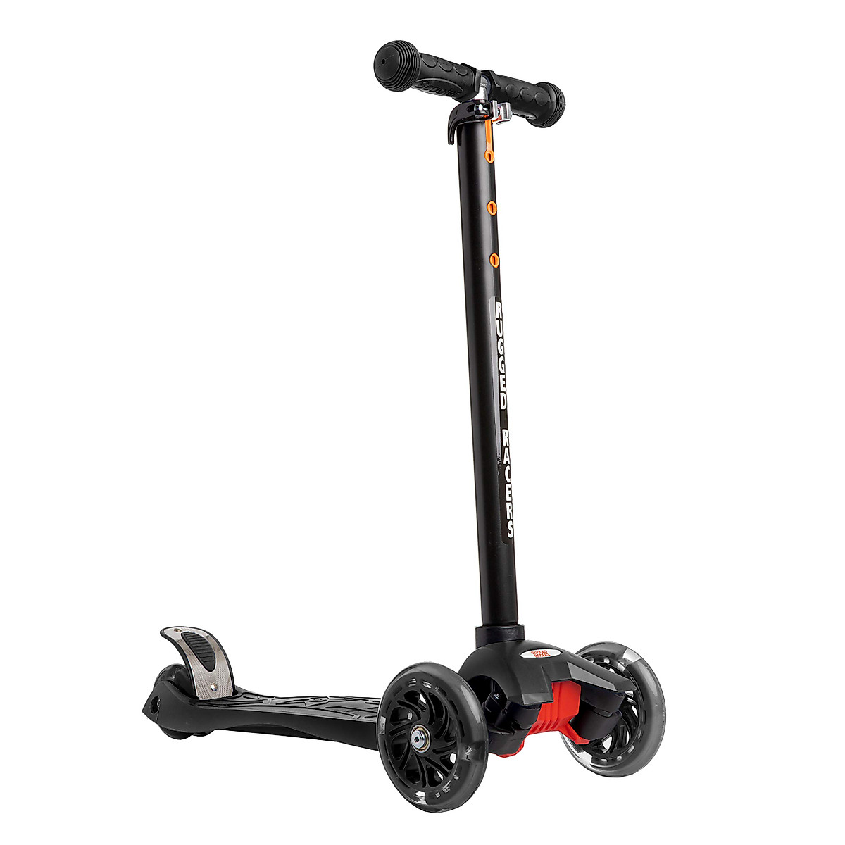 Rugged Racers Kick Scooter for Boys & Girls 3 Wheel Scooter, Adjustable Kick Scooter for Kids with PU LED Light Up Wheels, Step Brake, Lean 2 Turn, Ride on Toys for Children 5 Year Plus (Black)