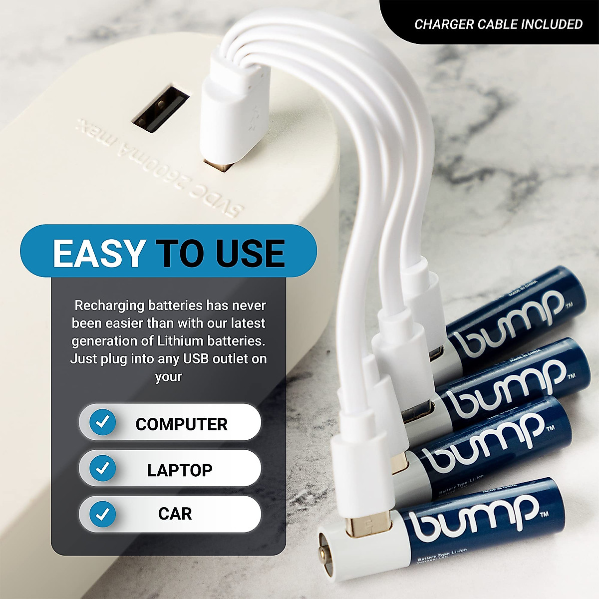 bump AAA USB Rechargeable Batteries, (4-Pack), Lithium Ion, High Output, Fast USB-C, 1.5V with LED Indicator Charging, Long Lasting, for Remotes, Toys, Keyboards, Includes 4-1 Charger Cable