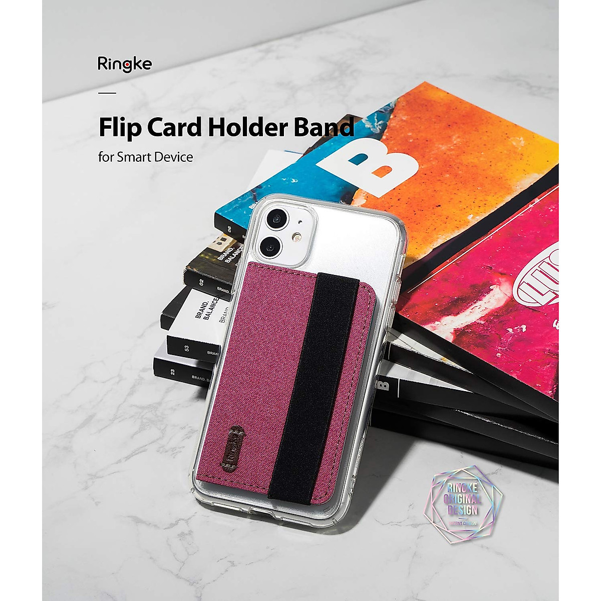 Ringke Flip Card Holder with Elastic Hand Strap Slim Soft Band Grip Fashion Multi-Card Slot 3M Stick-On Wallet Credit Card Cash Mini Pouch Attachment Compatible with Most Smartphones - Pink