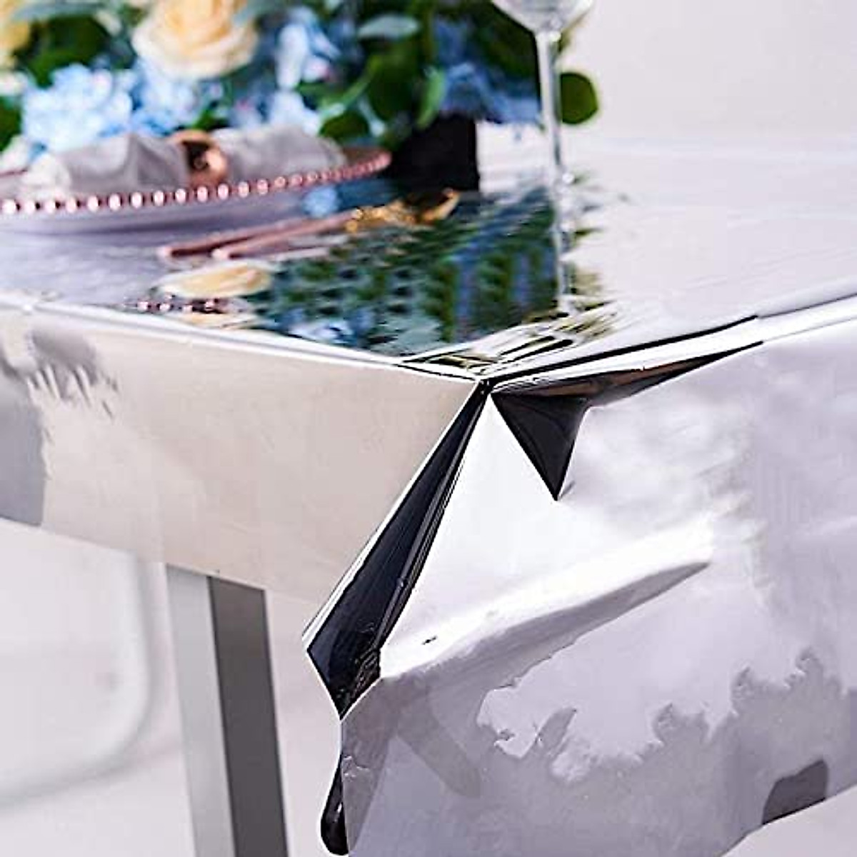 PartyWoo Silver Foil Tablecloth, 3 Pack 54 x 108 Inch Rectangle Tablecloth, Foil Tablecloth for 6 to 8 Foot Table, Metallic Table Cover, Waterproof Table Cloth for Birthday, Wedding, Party