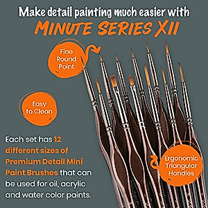 Miniature Paint Brushes Art. Minute Series XII 12pc Fine Detail Paint Brush Set for Model Miniature Painting Kit. Fine Point Small Artist Brushes for Acrylic Painting Oil Watercolor Warhammer 40K