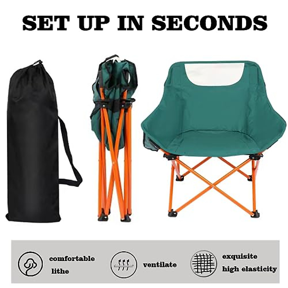 Kvittra Portable Camping Chair, Breathable Cushion Construction 2 Side Pockets Aluminum Frame Camp Chair with Carry Bag Compact and Lightweight Folding Chair for Backpacking and Camping