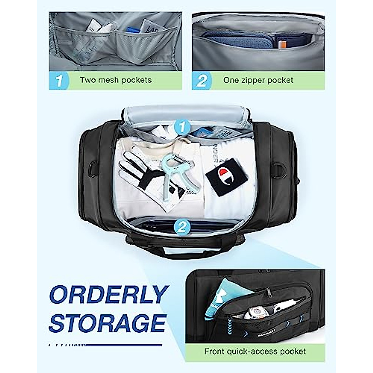 Gym Bag for Men & Women, BAGSMART Sports Travel Duffel Bag Carry-on Bag, Lightweight Weekend Overnight Bag with Shoe Compartment & Wet Pocket, Water-resistant Workout Duffle Bag for Travel Gym -Black