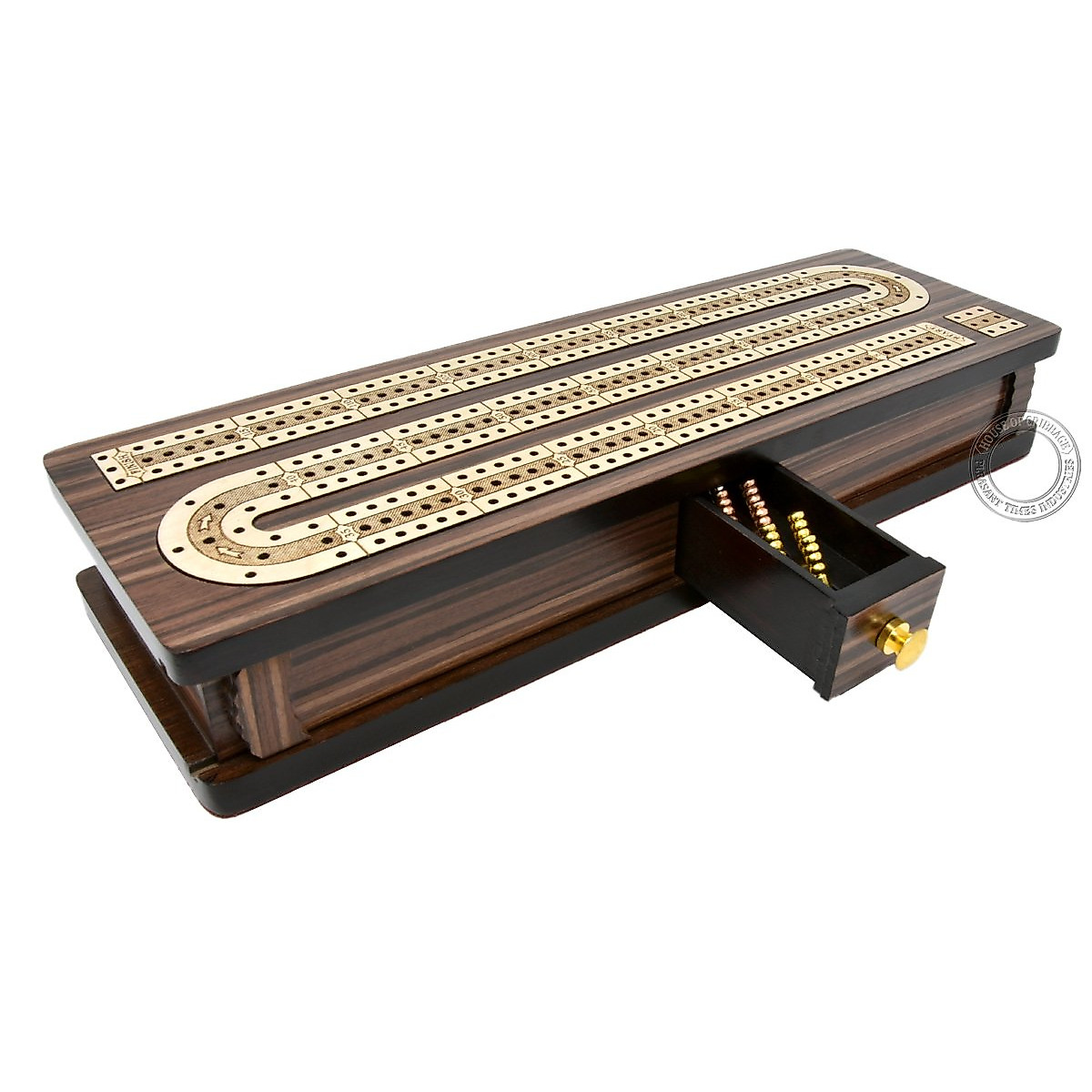 House of Cribbage - Continuous Cribbage Board/Box Inlaid in Rosewood/Maple 12" - 3 Tracks - Sliding Lid Drawer