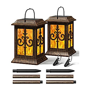 Solar Lantern Outdoor Hanging Lanterns - RGBING Solar Lanterns Outdoor Waterproof with Clips and Ground Stake, Flickering Led Solar Lanterns Garden Lanterns for Outdoor, Patio, Porch (2 Packs)