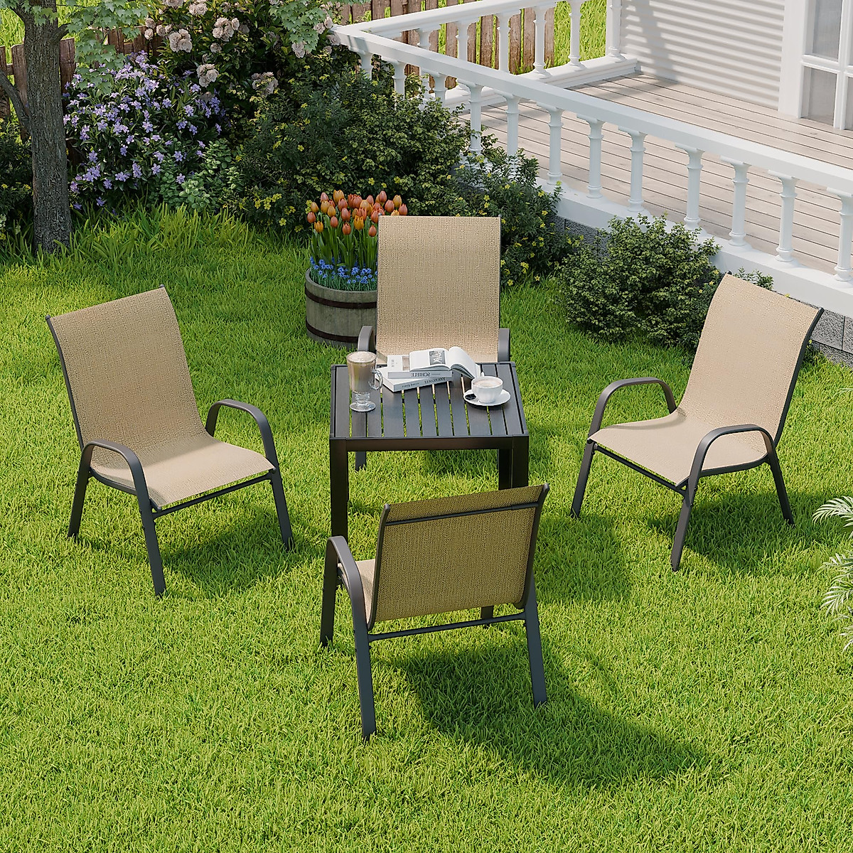 Redpick Patio Chairs Set of 4, Outdoor Stackable Dining Chairs for All Weather, Breathable Metal Modern Outdoor Furniture for Backyard Deck, Garden, Brown