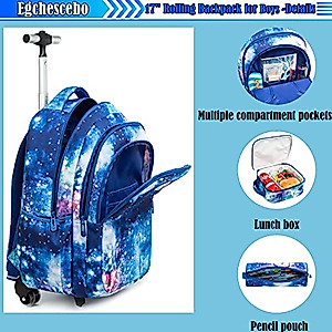 Egchescebo Boys Rolling Backpacks with Wheels 3PCS Starry Sky Backpack for School Wheeled Luggage Suitcase Lunch Box Pencil Case Large Capacity Bookbag Adjustable Trolley for Elementary Travel Blue
