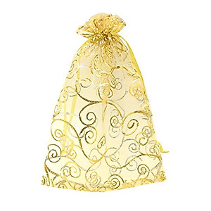 SUNGULF 100pcs Organza Pouch Bag Drawstring 5x7 13x18cm Strong Gift Candy Bag Jewelry Party Wedding Favor (Gold Flower Vine Print)