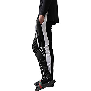 Mens Stripe Track Pants Skinny Fit Stretch Trouser Elastic Jogger 1VWA0006(Medium, P122_blk/WHI)