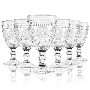 Wongblee Vintage Glass Goblets 11.8 Oz, Stemmed Wine Glasses, Embossed Drinking Glasses for Wine, Water, Juice, Beverage, Set of 6 (Style-B)