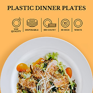FOCUSLINE 100 Count White Plastic Plates 10 Inch, Disposable Heavy Duty Plastic Dinner Plates- Premium Hard Plastic Plates Fancy Disposable White Plates for Weddings, Parties and Events