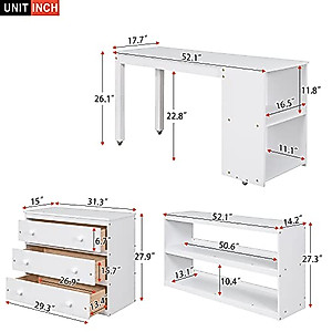 BIADNBZ Full Size Low Loft Bed with Rolling Portable Desk, Cabinet and Shelves, Multiple Functions Pine Wood Bedframe for Kids Teens Bedroom Dorm, Space Saving, White