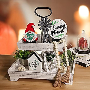 Eufrozy 11pcs Farmhouse Tiered Tray Decor Set, Rustic Tier Tray Decorations with Black and White Buffalo Plaid Gnome Ornaments Wooden Home Sweet Home Sign for Kitchen Table Decor Summer Housewarming